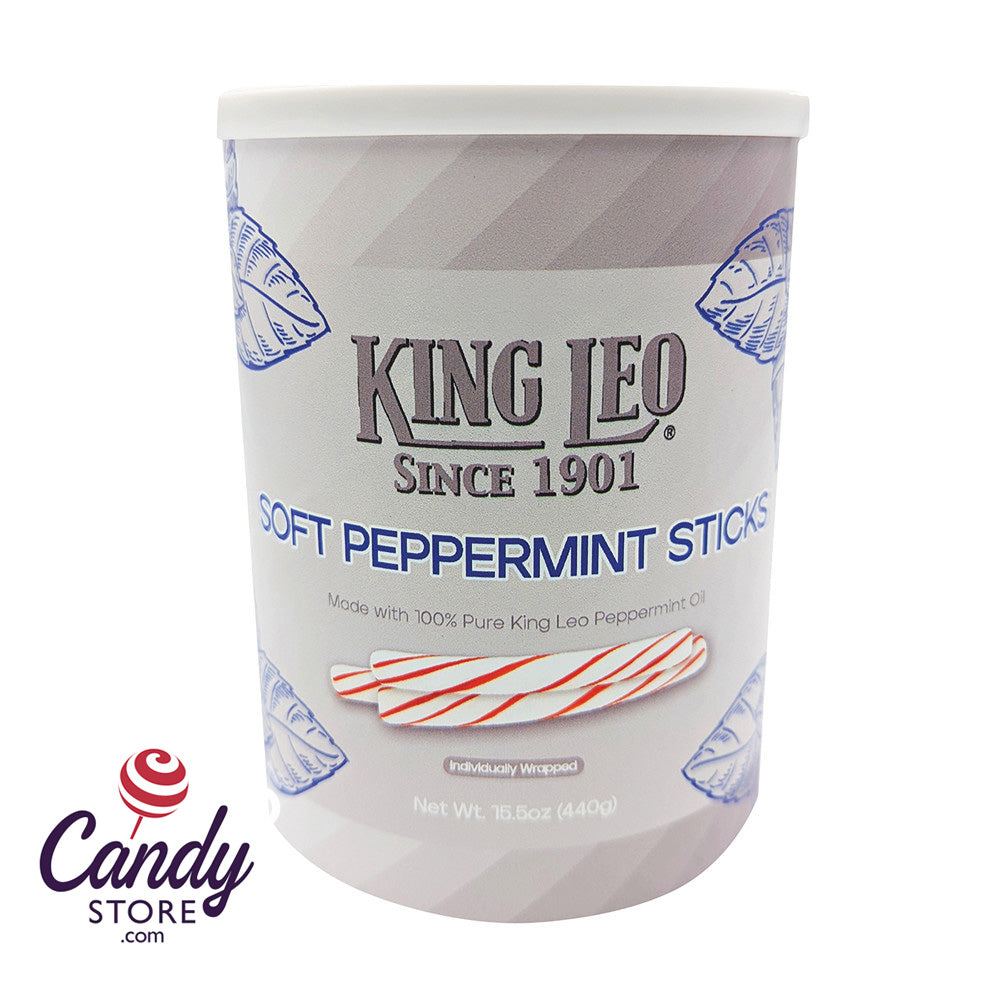 Soft Peppermint Sticks King Leo 12ct Cans - CandyStore.com