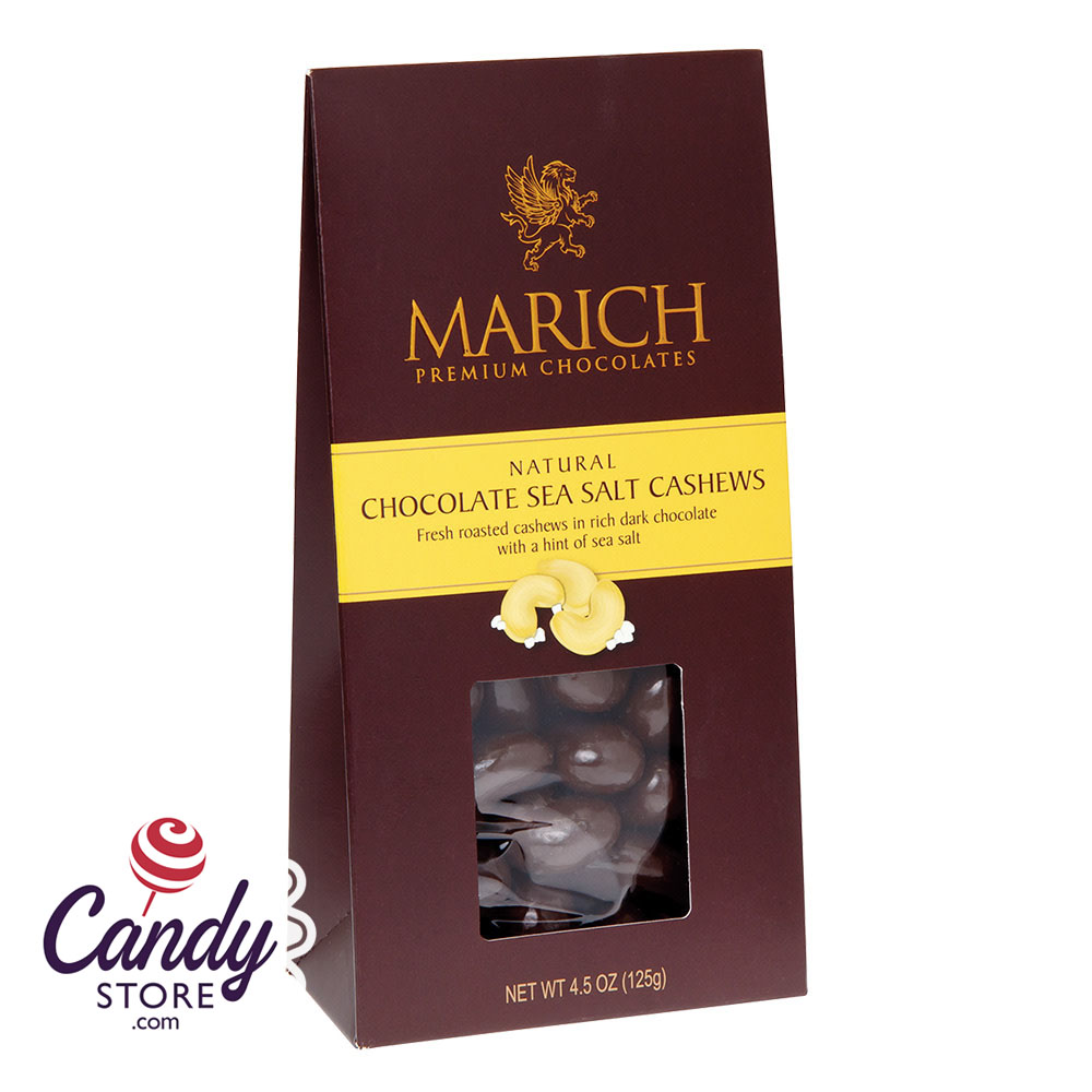Marich Dark Chocolate Sea Salt Cashews 4.25oz Gable Box - 12ct