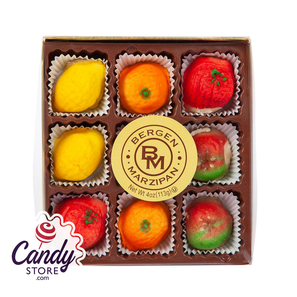 Marzipan Fruit Candy 9-Piece Gold Boxes 24ct - CandyStore.com