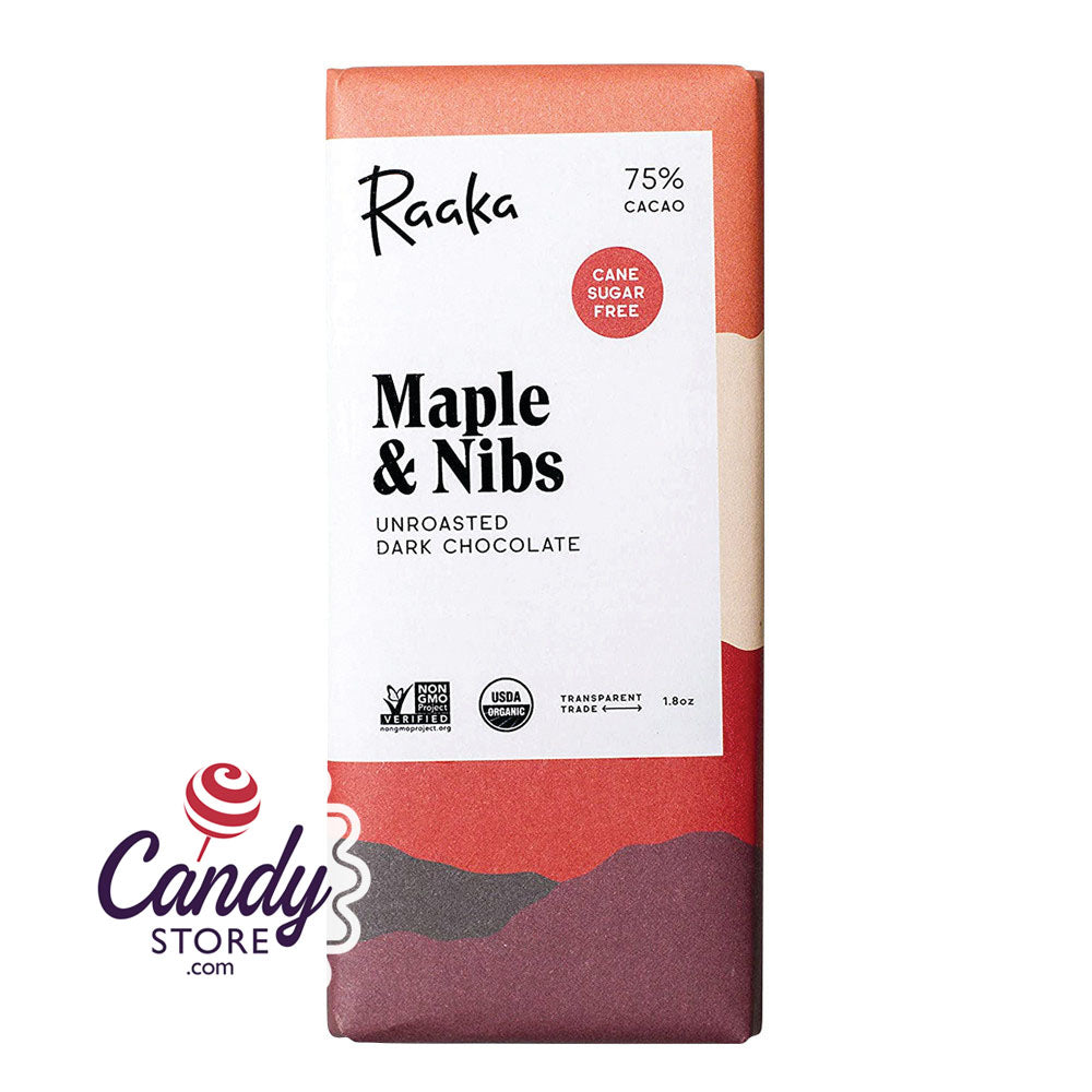 Raaka Bar 75% Dark Chocolate Maple & Nibs 1.8oz Bar 144ct - CandyStore.com